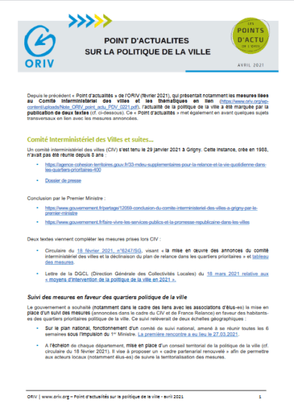 Point d'actualités sur la politique de la ville – avril 2021 — Oriv ...